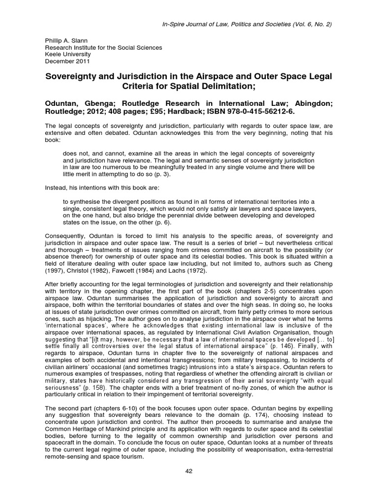 Slann 2011 Sovereignty and Jurisdiction in The Airspace and Outer Space ...