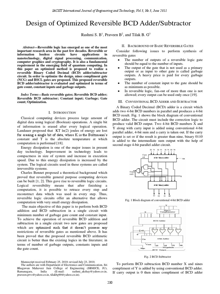 Design of Optimized Reversible BCD Adder/Subtractor | PDF | Binary Coded Decimal | Digital ...