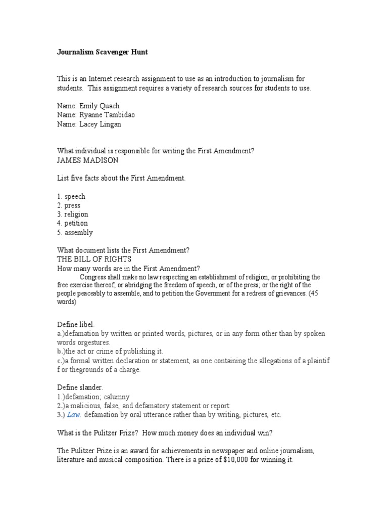 Journalism Scavenger Hunt 1 | PDF | Defamation | Mass Media