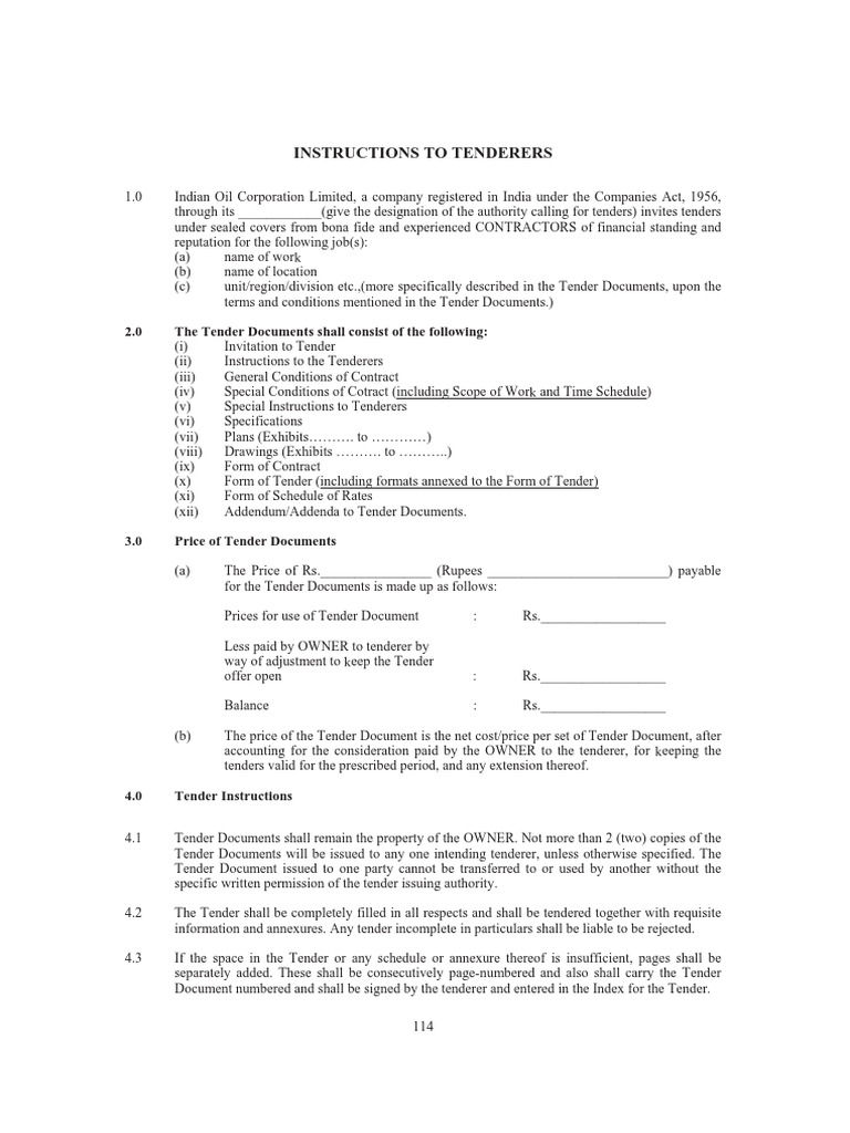 Instructions To Tenderers: 2.0 The Tender Documents Shall Consist of ...