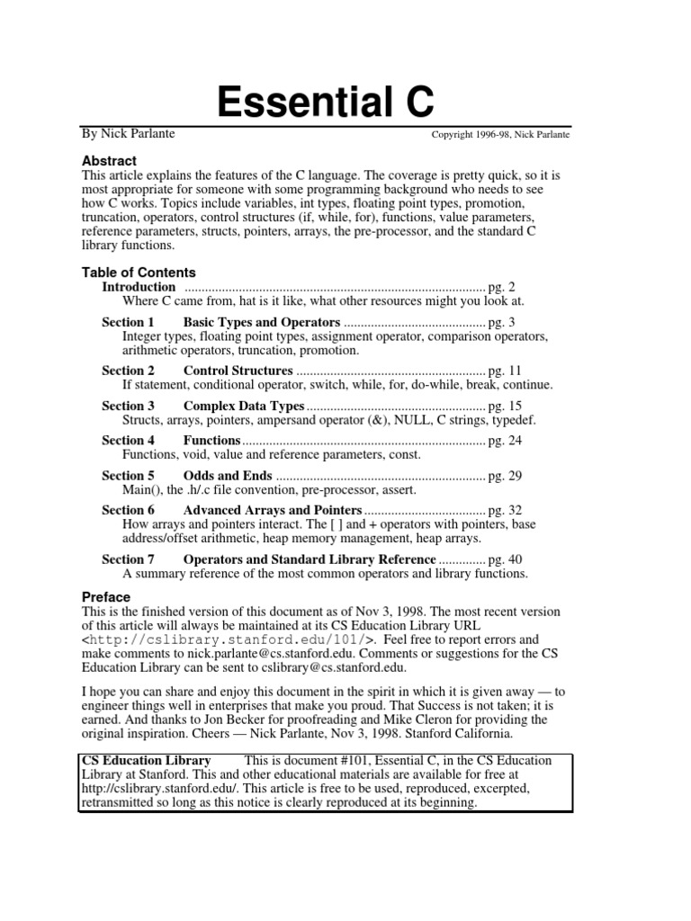 Essential C - Nick Parlante | PDF | Pointer (Computer Programming) | Control Flow