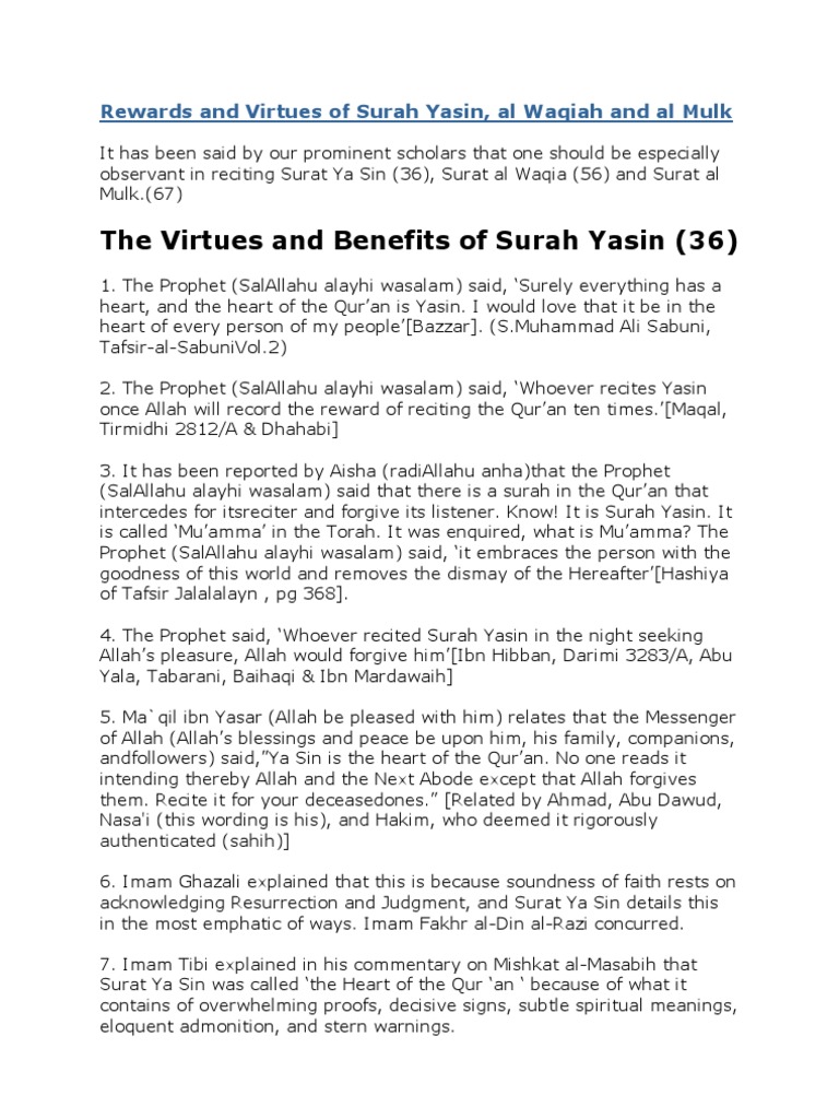 Rewards and Virtues of Surah Yasin, Waqiah and Mulk | PDF | Surah ...