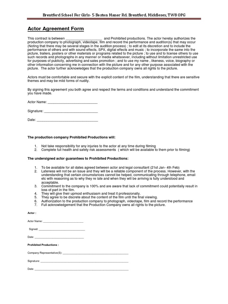 Actors Agreement Form-Andi Mae Dicker | PDF | Actor | Communication