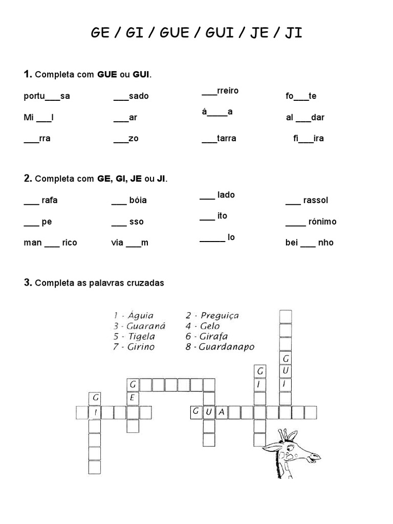 Atividades de Palavras com GUE, GUI, GE, GI, JE, JI | PDF