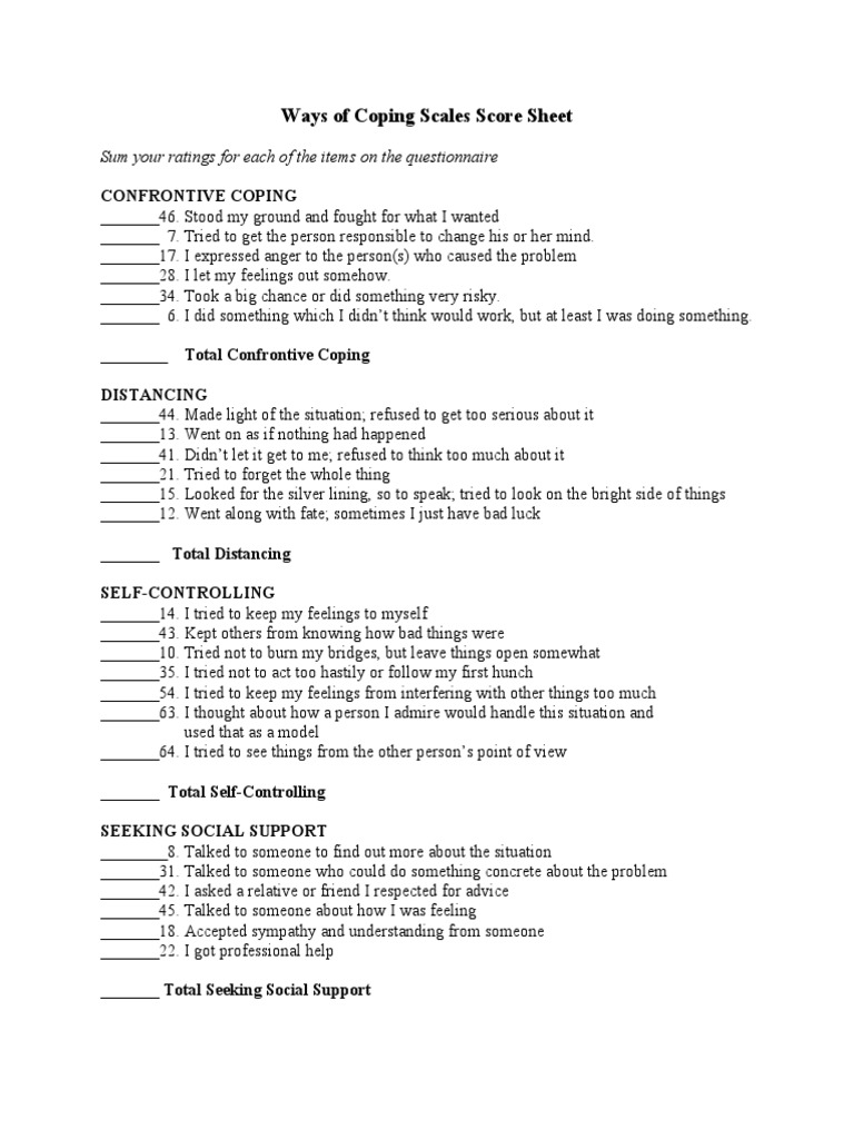 Ways of Coping Scale Score Sheet | PDF | Psychology | Behavioural Sciences