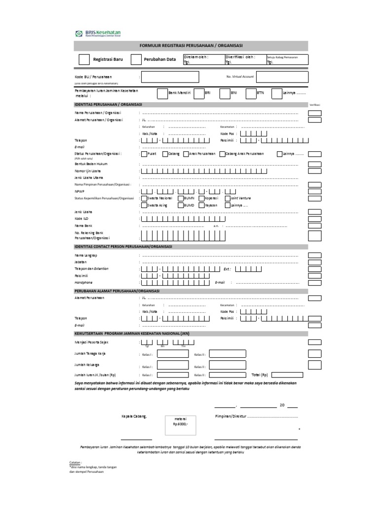 Formulir Registrasi BPJS Kesehatan Perusahaan | PDF