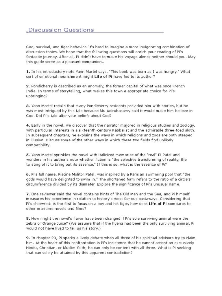 Life of Pi Discussion Questions Guide | PDF | Religion And Belief