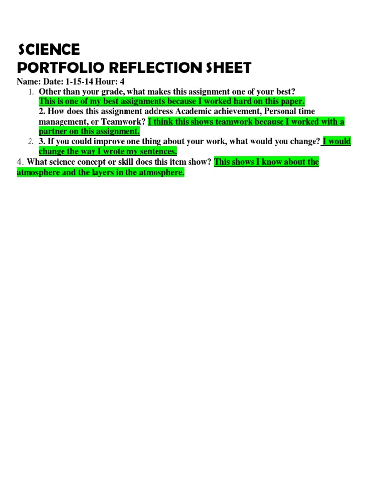 Science Portfolio Reflection Sheet | PDF