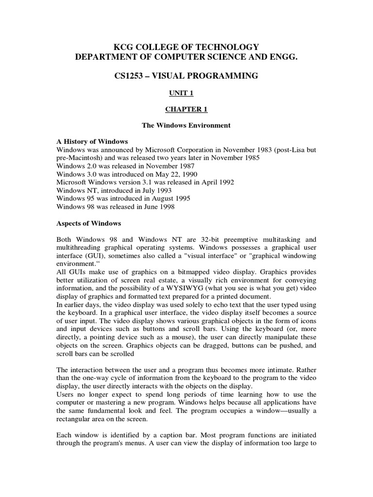 KCG COLLEGE OF TECHNOLOGY DEPARTMENT OF COMPUTER SCIENCE AND ENGG. CS1253 – VISUAL PROGRAMMING ...