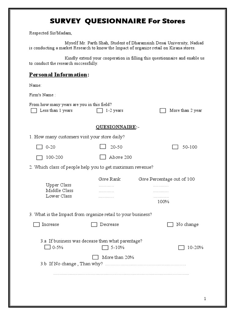 Survey Quesionnaire For Stores: Personal Information | PDF | Retail ...
