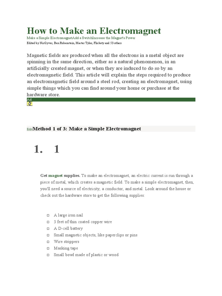 How to Make a Simple Electromagnet | PDF | Wire | Electricity