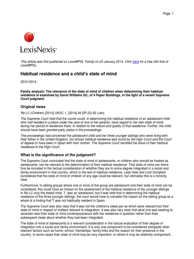 Habitual Residence and A Child's State of Mind | PDF | Best Interests ...