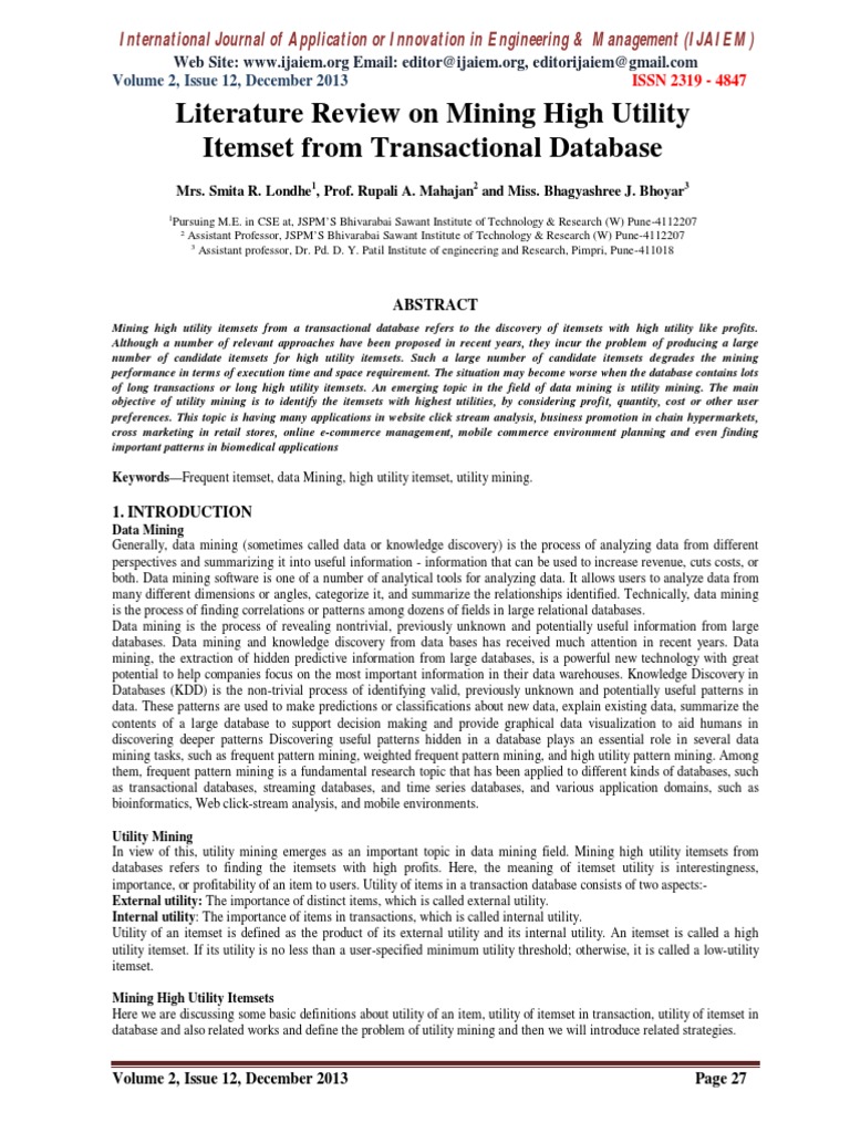 Literature Review On Mining High Utility Itemset From Transactional Database | PDF | Data Mining ...