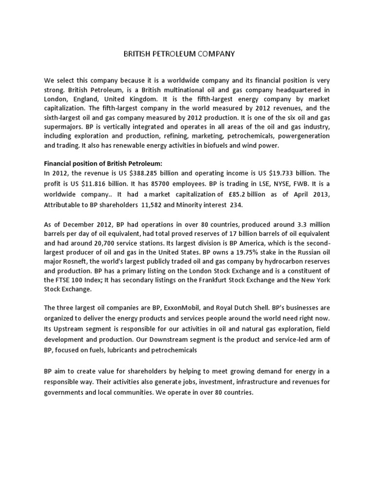 British Petroleum Company Profile and Financials | PDF | Bp | Petroleum ...