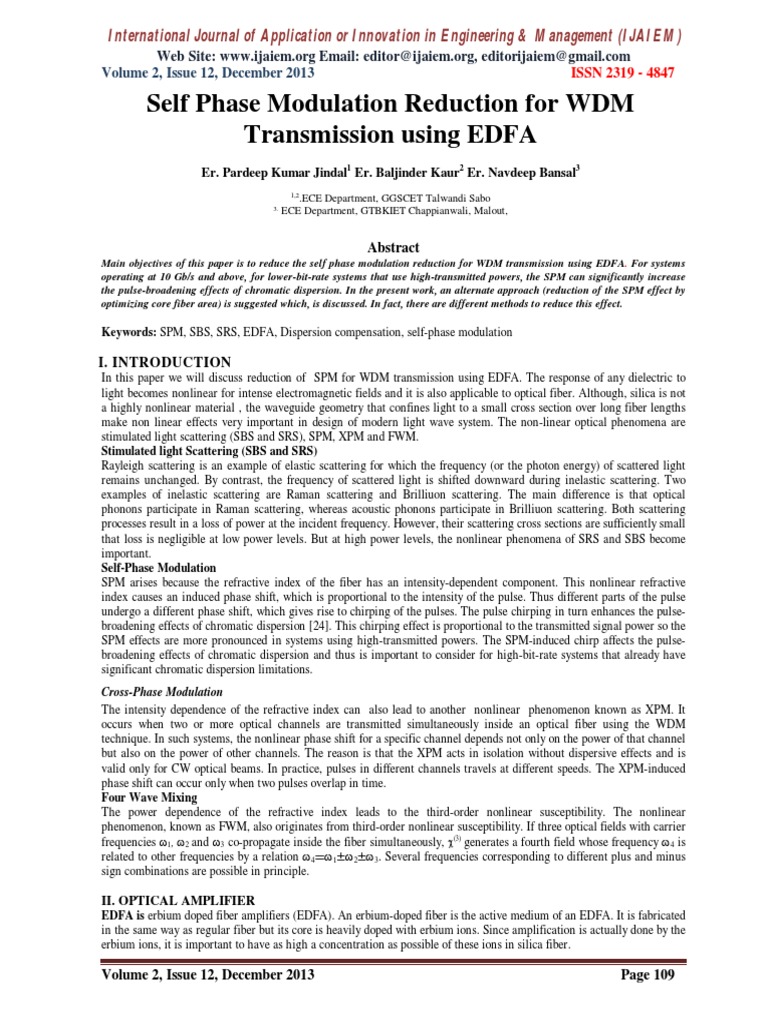 Self Phase Modulation Reduction For WDM Transmission Using EDFA | PDF ...