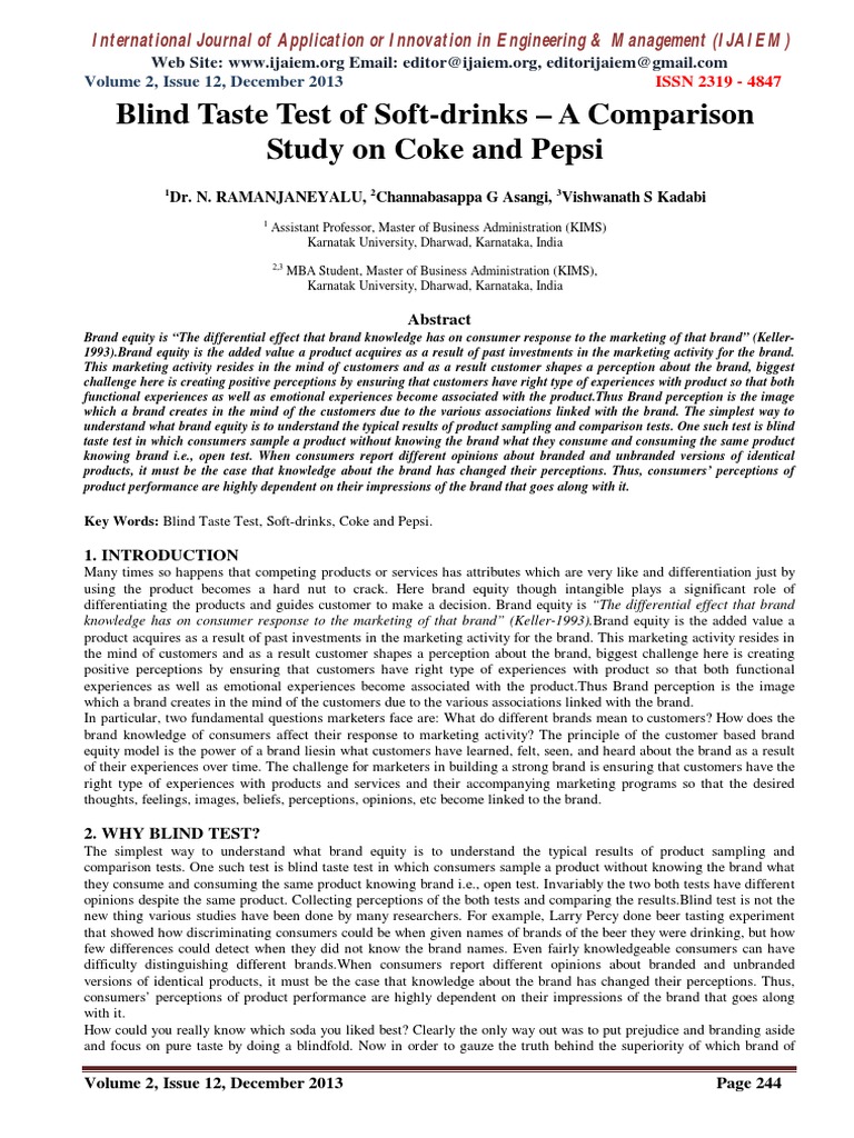 Blind Taste Test of Soft-Drinks - A Comparison Study On Coke and Pepsi ...