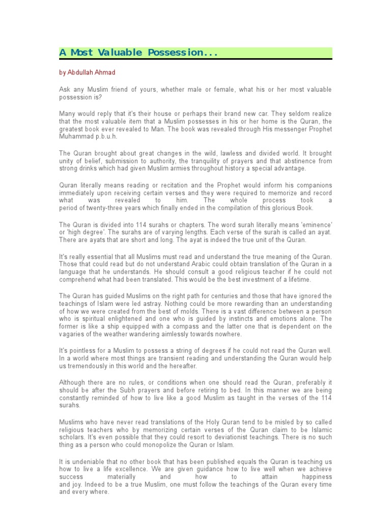 A Most Valuable Possession | PDF | Quran | Islam