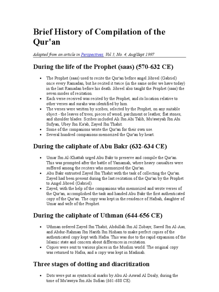 Brief History of Compilation of The Quran | PDF | Quran | Islam