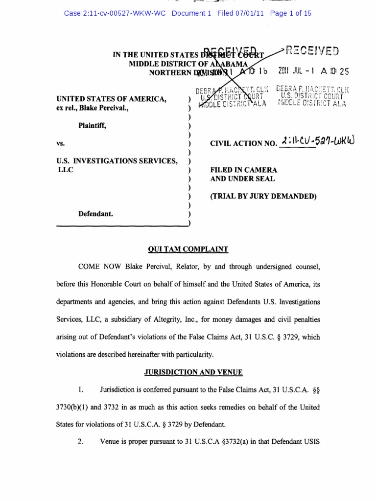 QUI TAM Complaint in UNITED STATES OF AMERICA Ex Rel. BLAKE PERCIVAL v ...