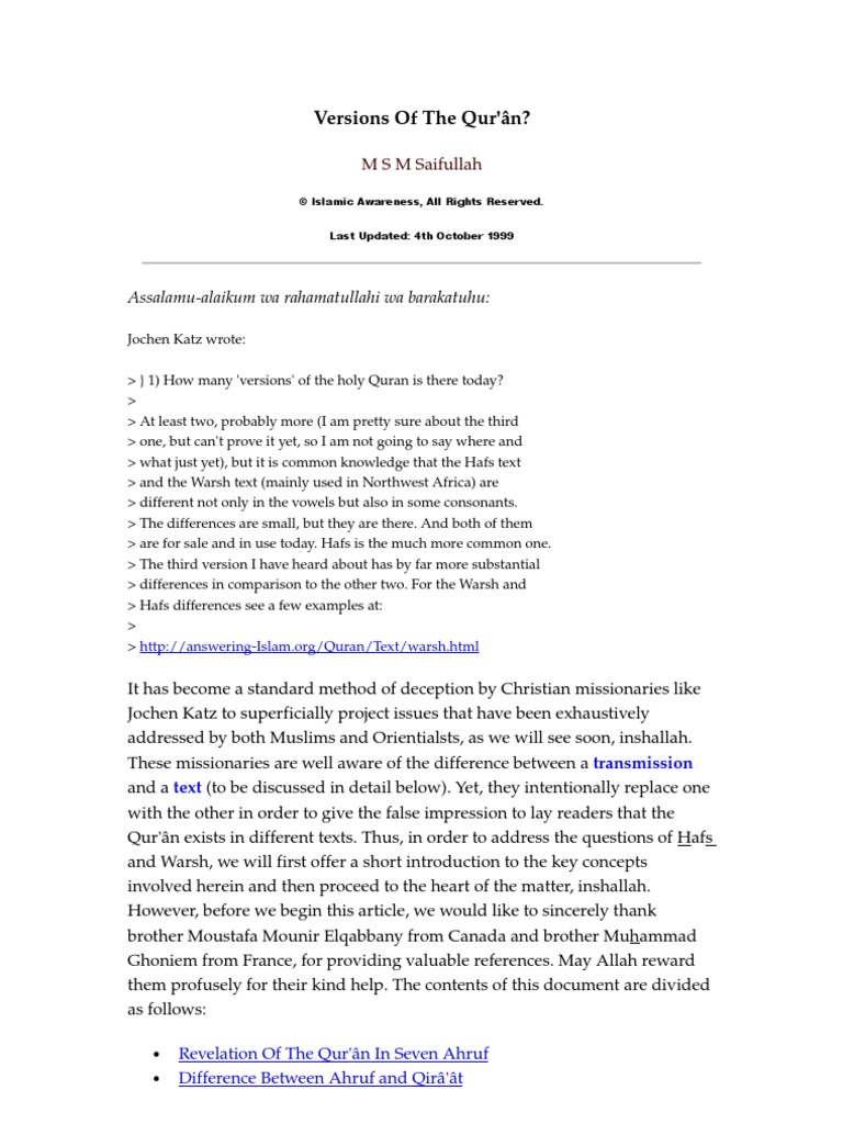 Versions of the Quran | Monotheistic Religions | Muhammad