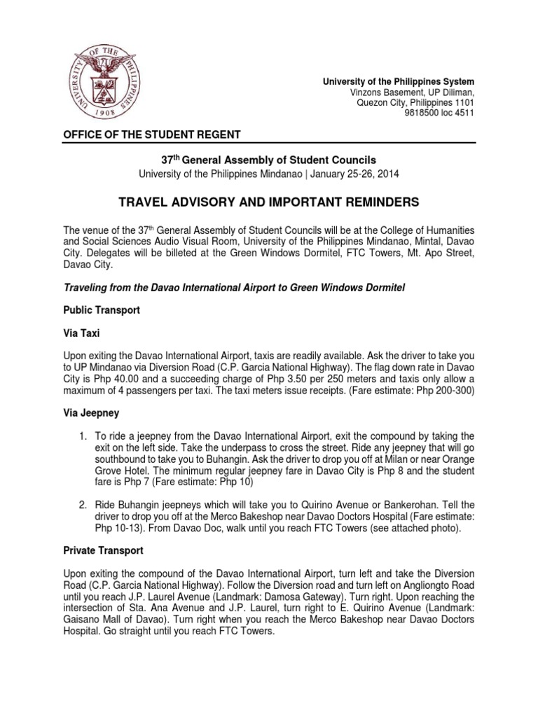 Travel Advisory and Important Reminders For The 37th GASC | PDF | Fare ...
