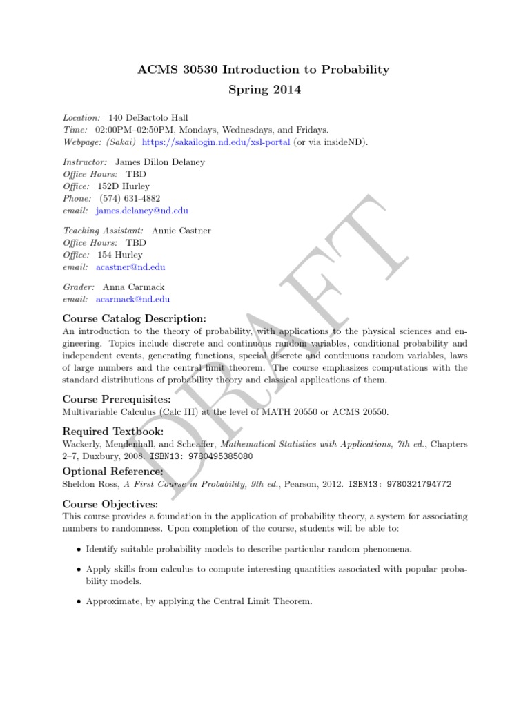 Introduction to Probability: Course Syllabus for ACMS 30530 at the ...