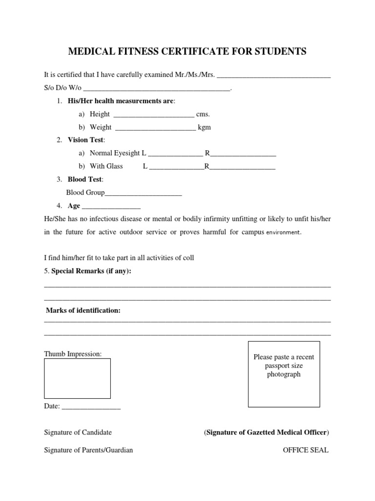 Medical Certificate Format For Engineering Students | PDF