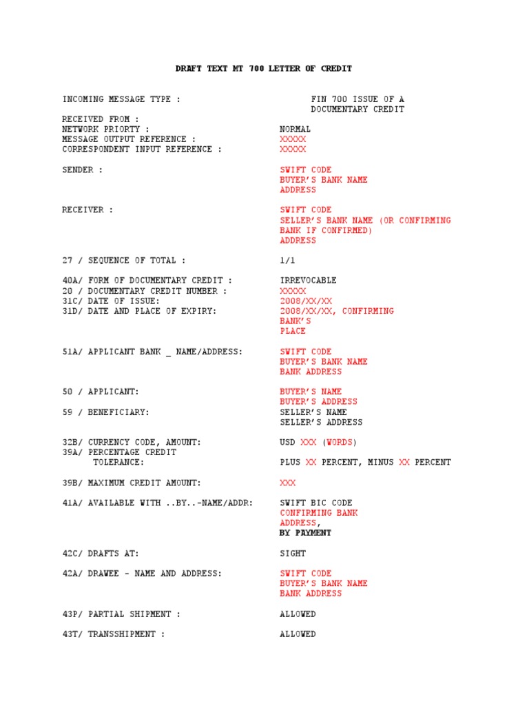 Draft Text MT 700 LC | PDF | Letter Of Credit | Invoice