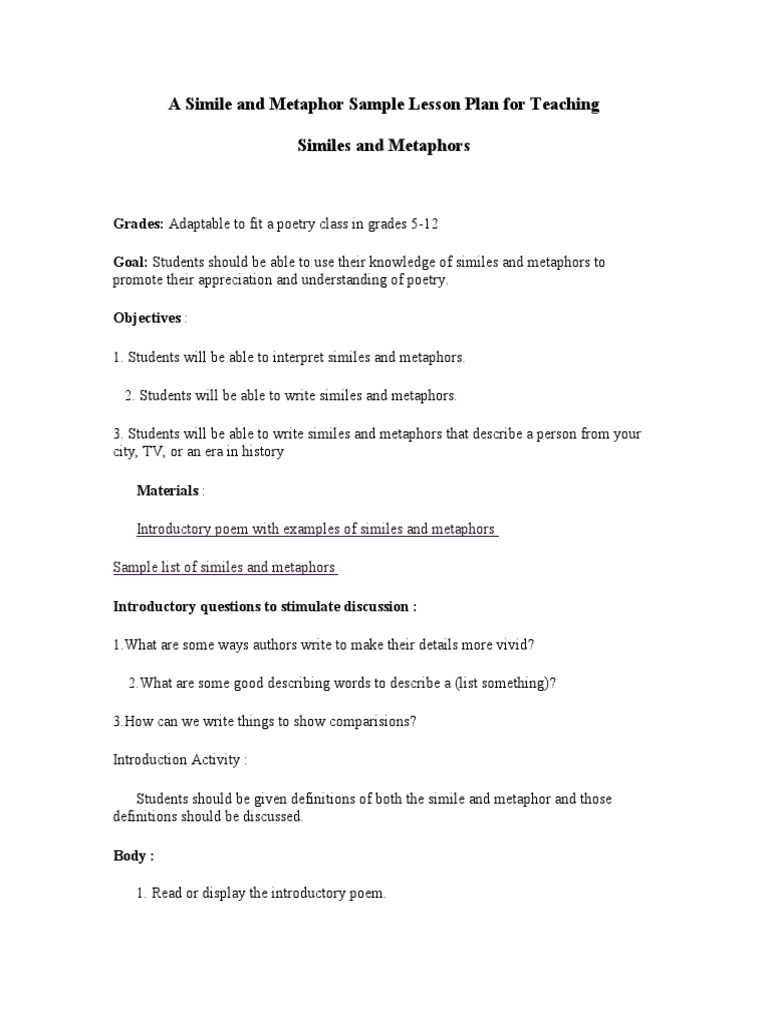 A Simile and Metaphor Sample Lesson Plan For Teaching | PDF
