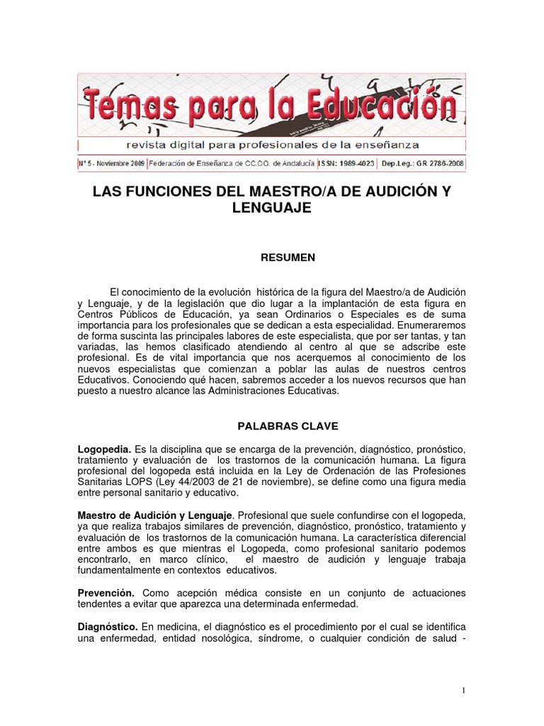 Funciones Del Maestro de Audición y Lenguaje | PDF | Patología del habla y Lenguaje | Educación ...