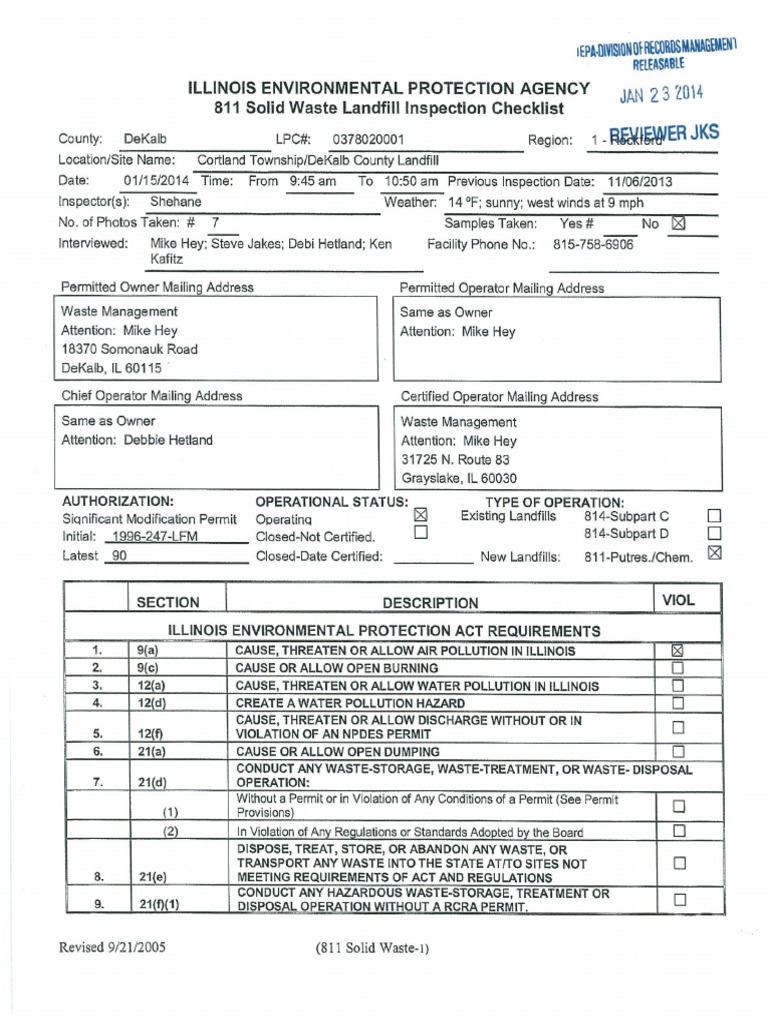 IEPA Cortland Landfill Inspection Report | PDF