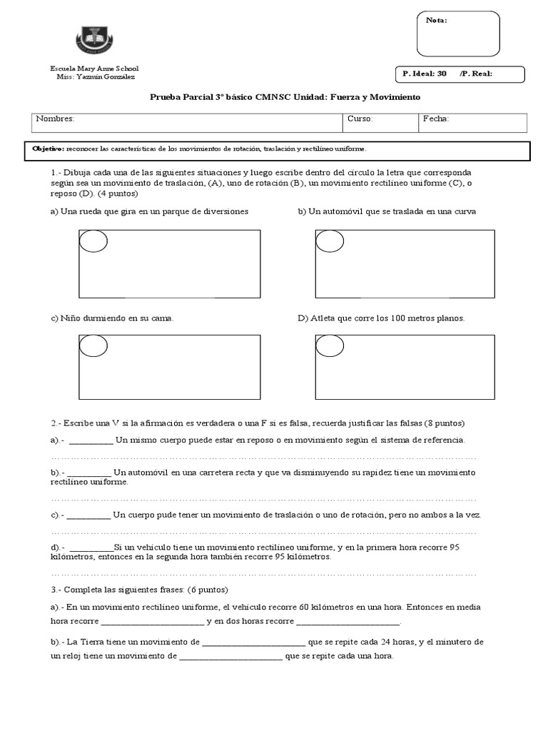 Prueba Unidad Fuerza y Movimiento | PDF | Movimiento (física ...
