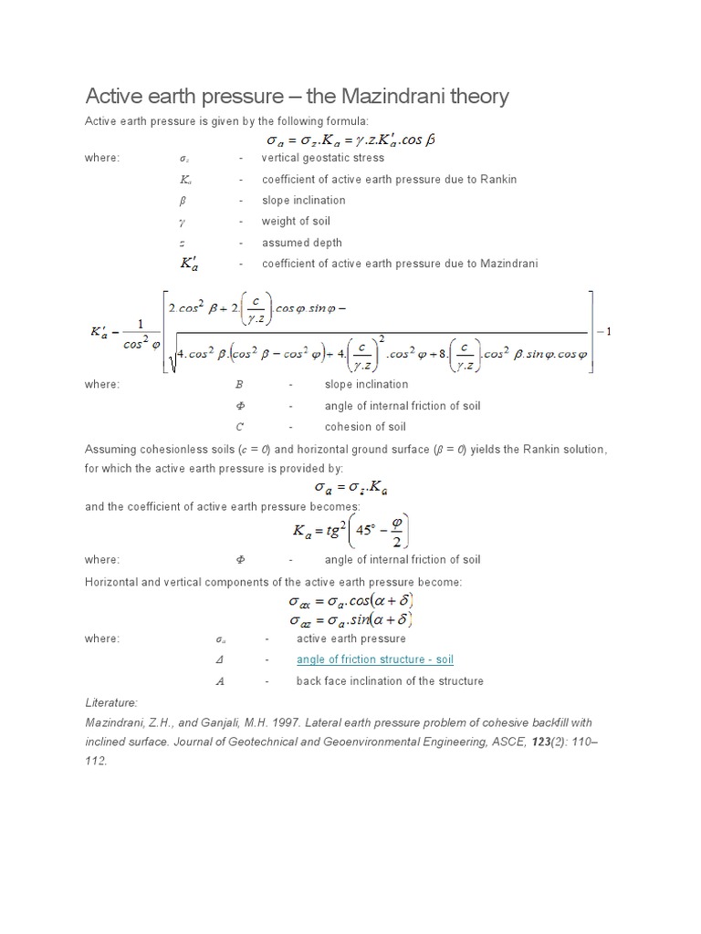 Summary of Earth Pressure Formulas | PDF | Physical Quantities | Space
