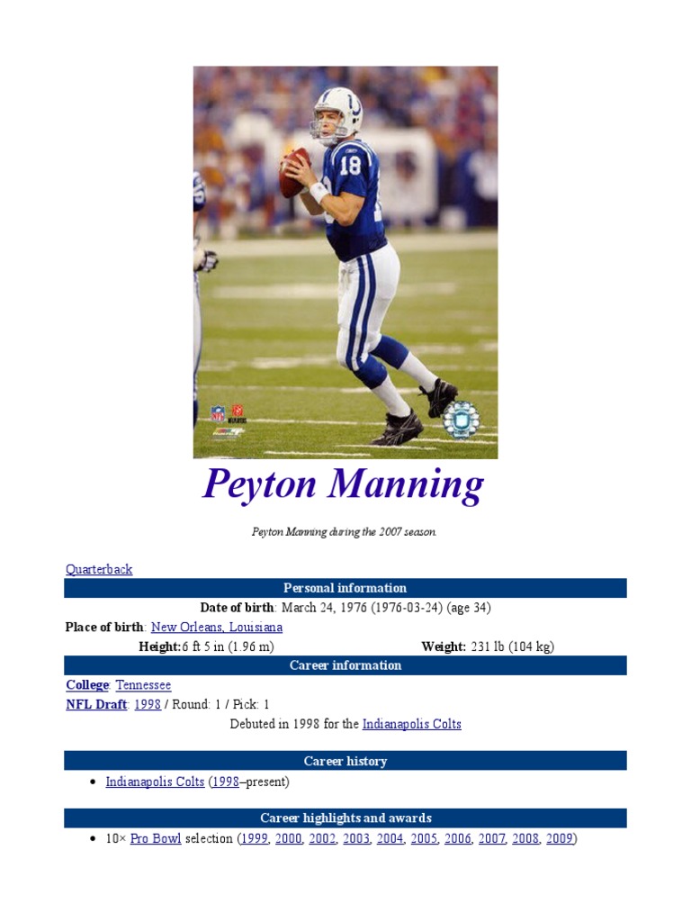 Peyton Manning: No 18. Indianapolis Colts | PDF | Peyton Manning ...