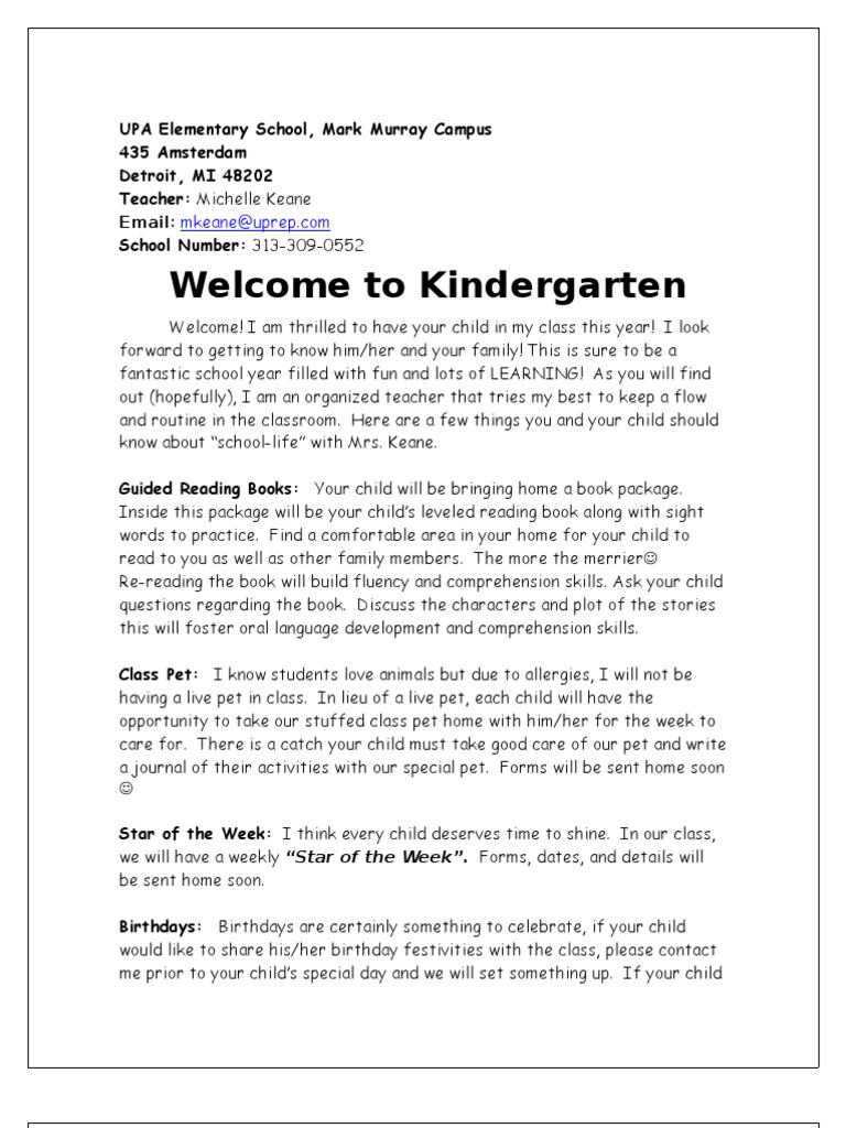 Kindergarten Welcome Letter | PDF | Curriculum | Reading Comprehension