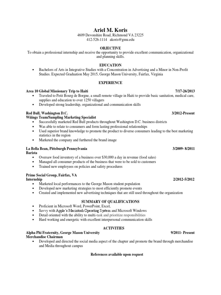 Internship Resume of Ariel M. Koris | PDF | Career & Growth | Social ...