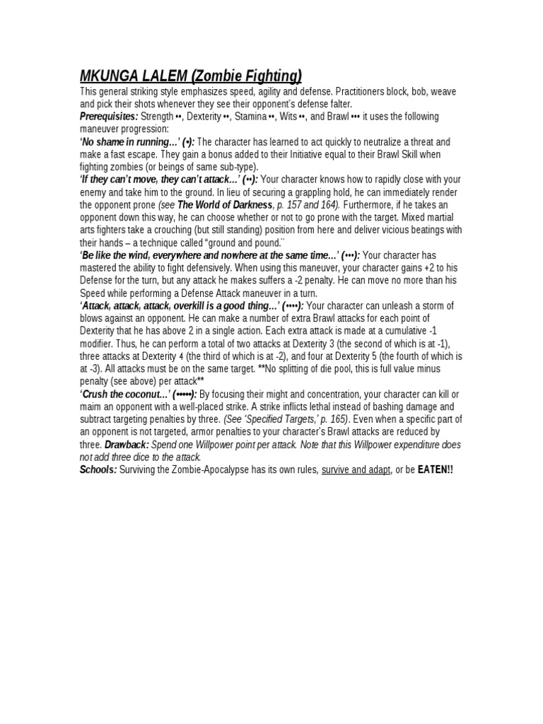 MKUNGA LALEM (Zombie Fighting) NWoD | PDF | Gaming | Combat Sports