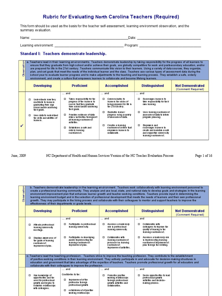 NC Teacher Evaluation Rubric Guide | PDF | Wellness