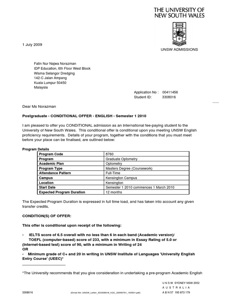 UNSW Letter ID3308016 K2C 20090701 163501 | PDF | University And ...