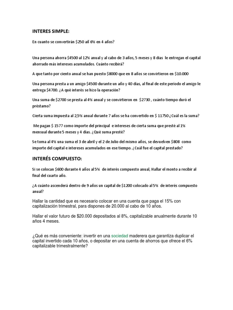 Ejercicios Interes Simple | PDF | Interés | Economias