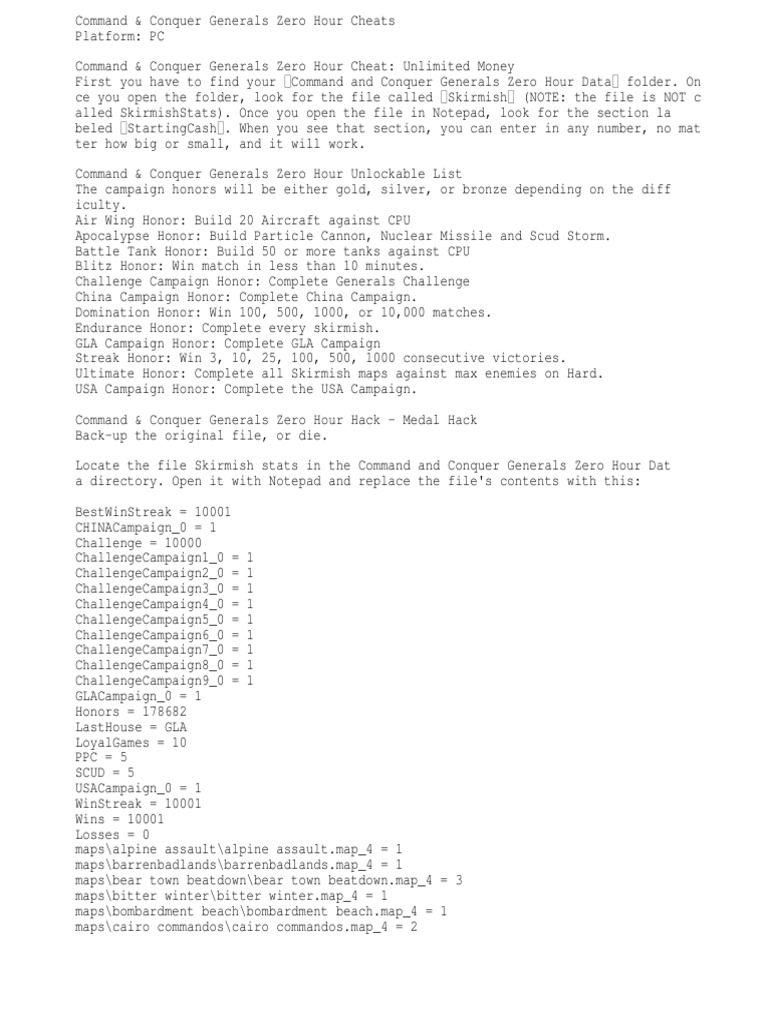 Command Conquer Generals Zero Hour Cheats | PDF | Warfare | Military