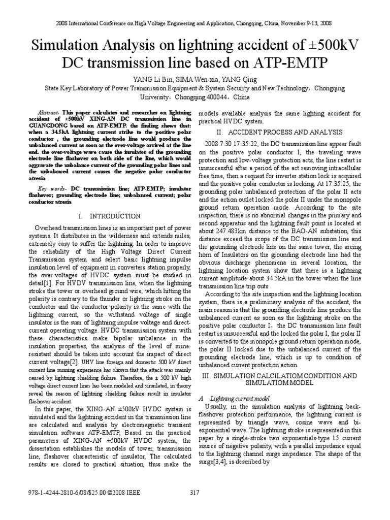 Simulation Analysis On Lightning Accident of 500kV DC Transmission Line ...