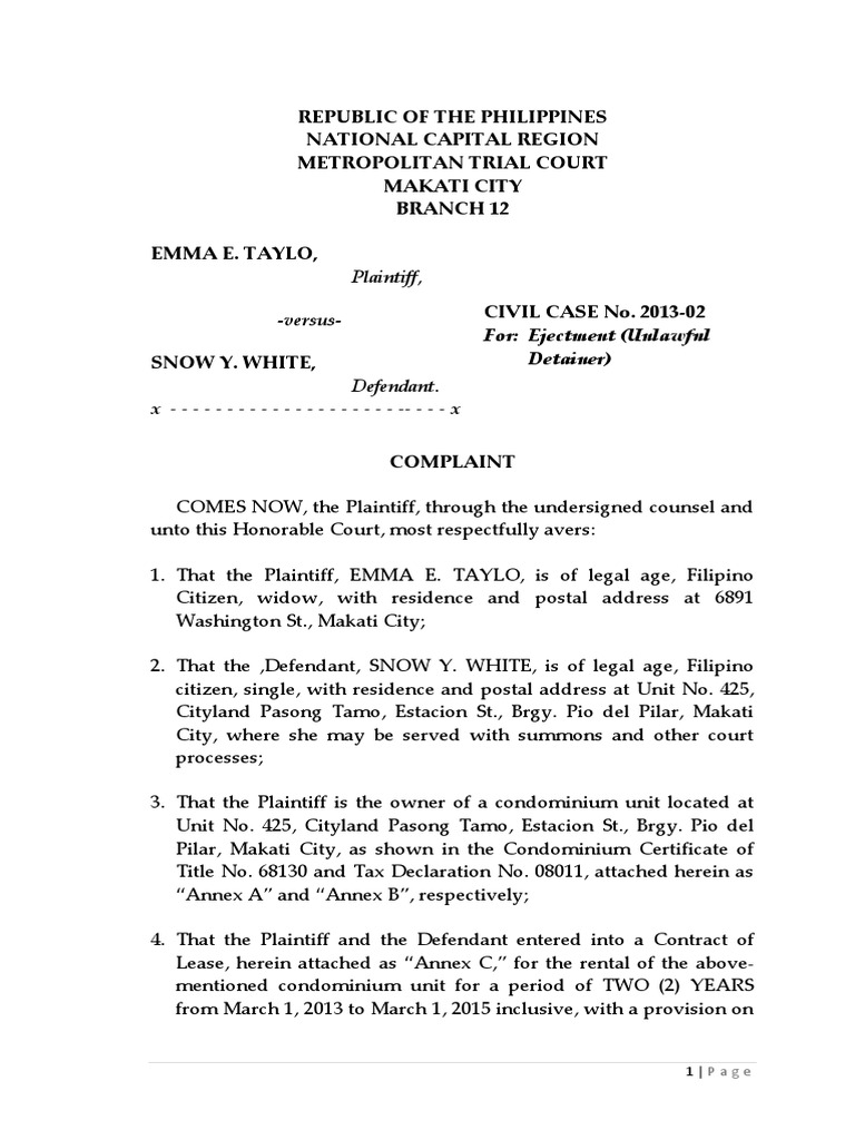 Complaint For Unlawful Detainer - FINAL | PDF | Lease | Lawsuit