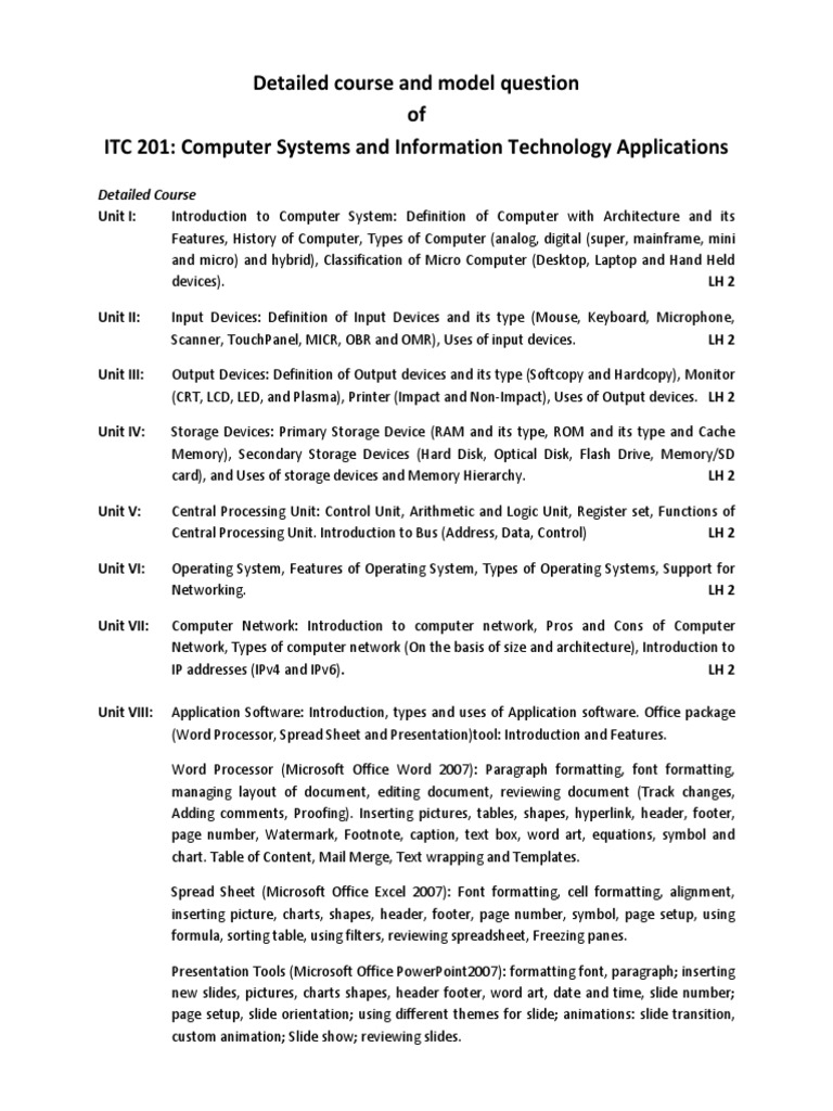 ITC 201 CSITA (Detailed Course) TU BBA | PDF | Computer Data Storage | Input/Output