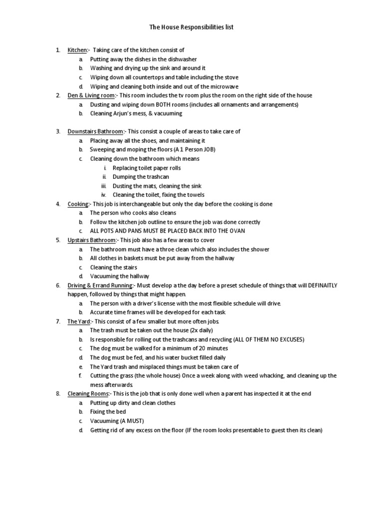 The House Responsibilities List | PDF
