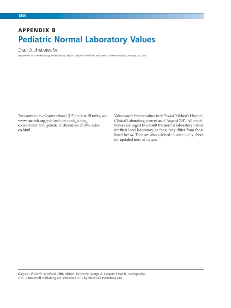 Normal Lab Values For Pediatrics | Download Free PDF | Tissue (Biology ...