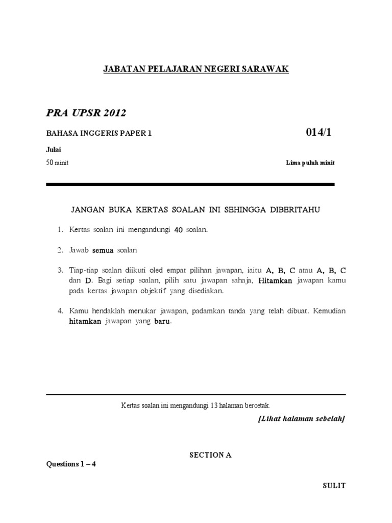 Pra Upsr 2012: Jabatan Pelajaran Negeri Sarawak | PDF | Foods