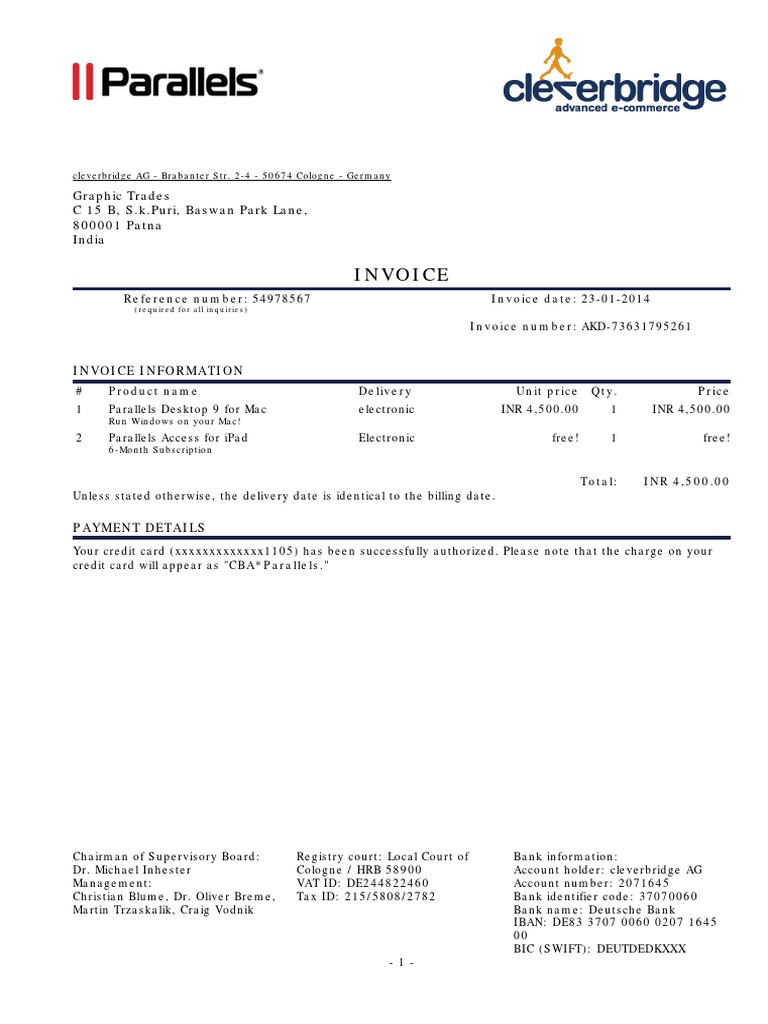Cleverbridge Invoice for Parallels Products | PDF | Business | Finance ...