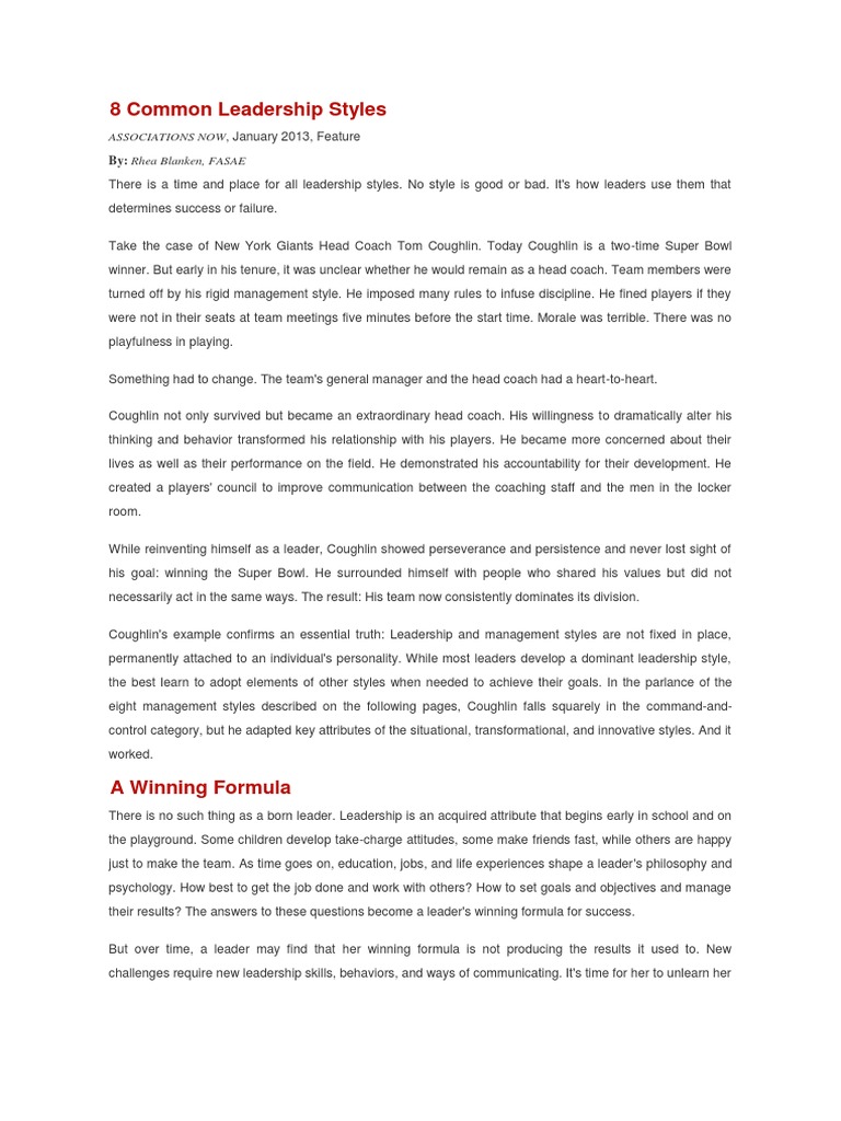 8 Common Leadership Styles Explained | PDF | Leadership | Psychological ...
