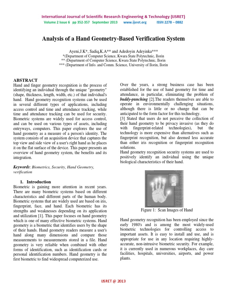 Analysis of A Hand Geometry-Based Verification System | PDF | Biometrics | Fingerprint